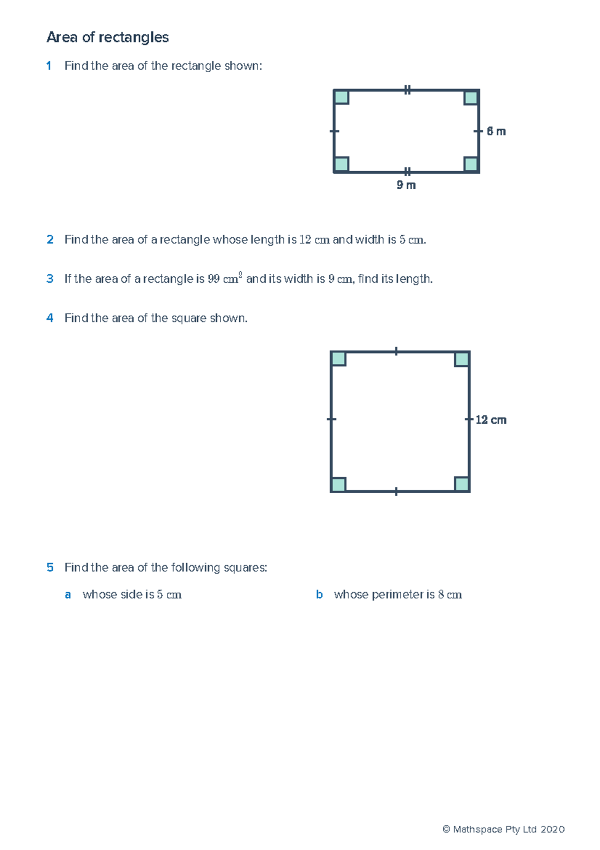 4.05 Area of shapes - worksheet - Area of rectangles 1 Find the area of ...