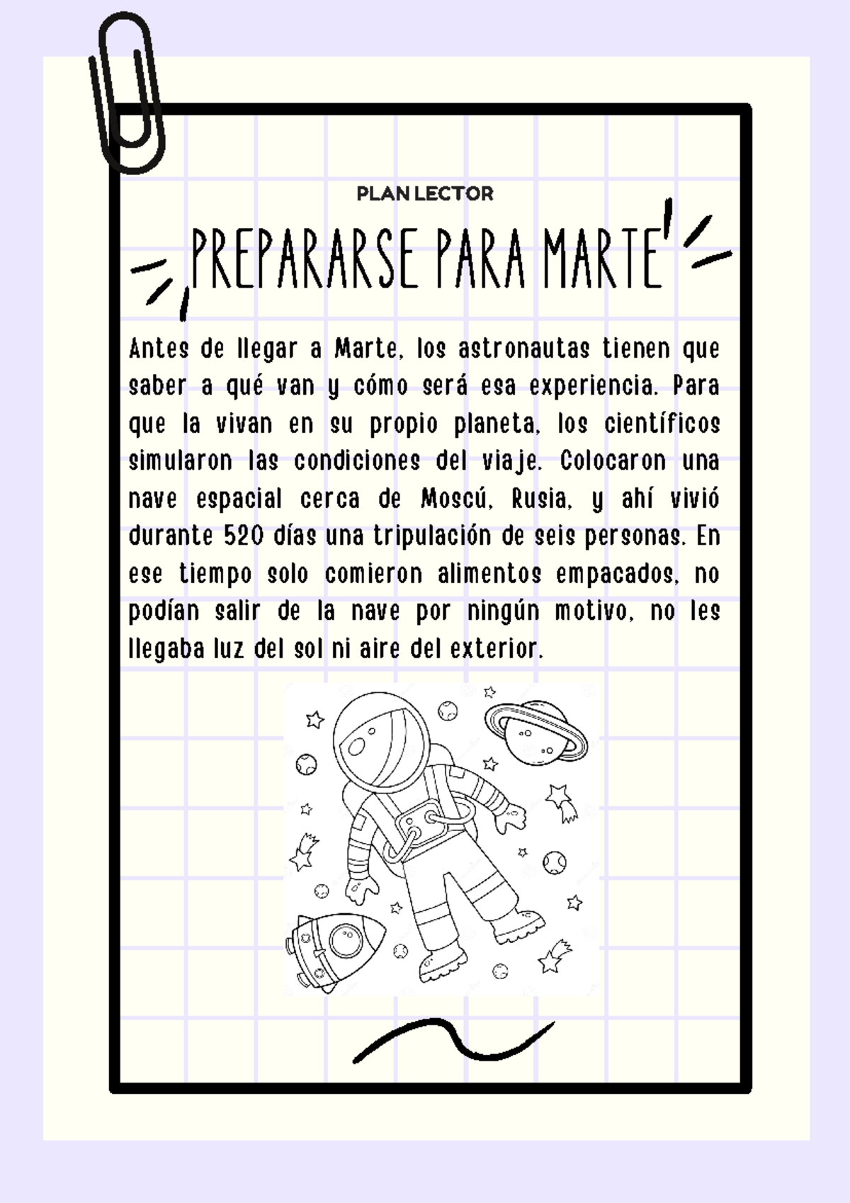 Ficha de Lectura - PREPARARSE PARA MARTE Antes de llegar a Marte, los ...