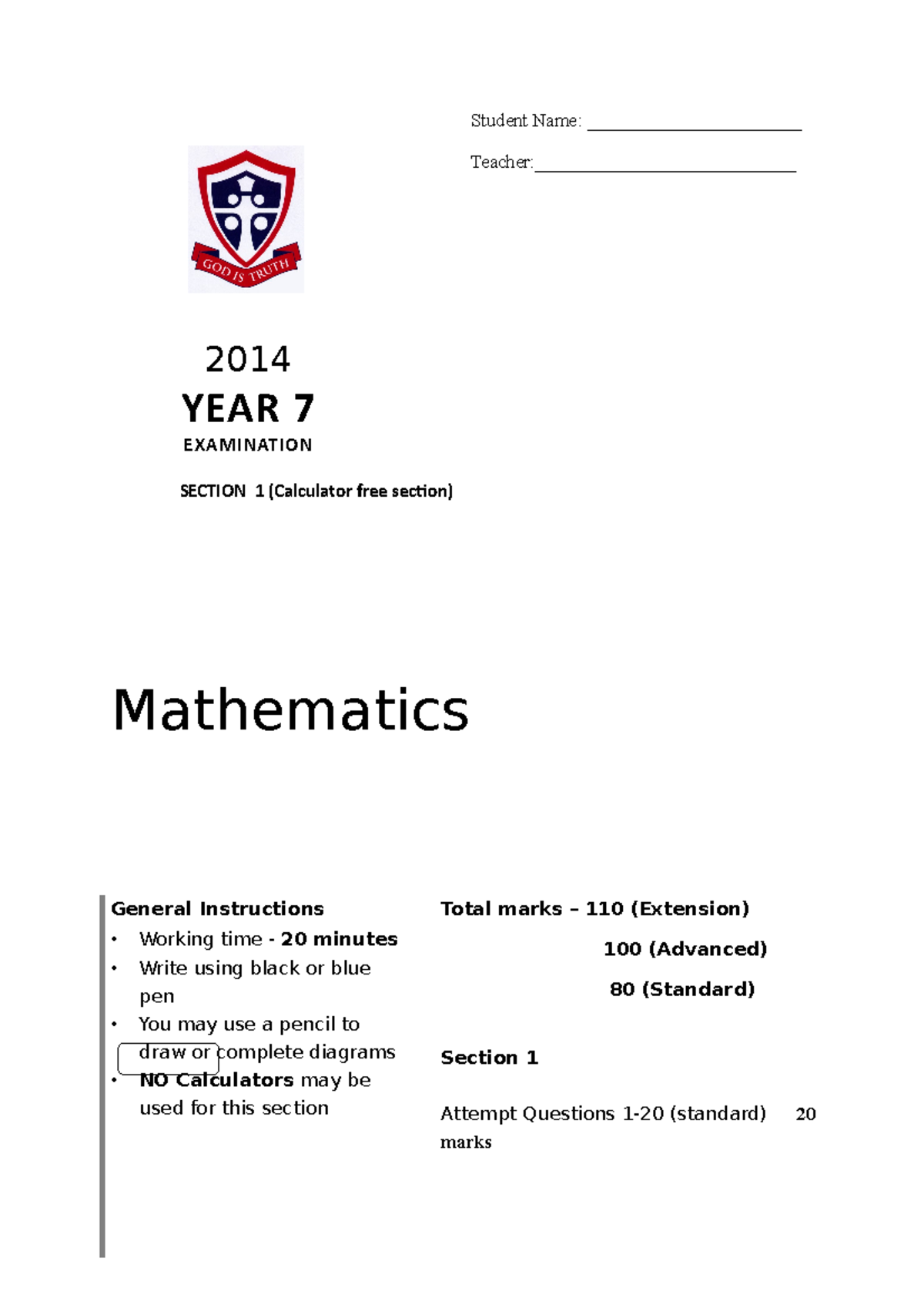 YEAR 7 EXAM 2 for the dodument of the history of the - 2014 YEAR 7 ...