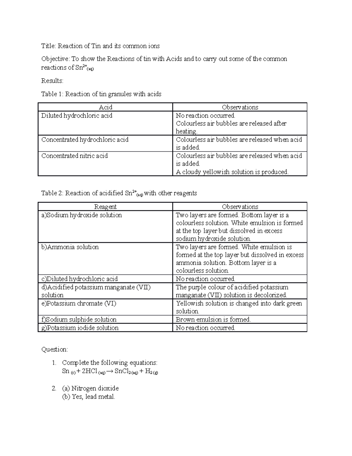 Partial report 5 - sodium hydroxide - Title: Reaction of Tin and its ...