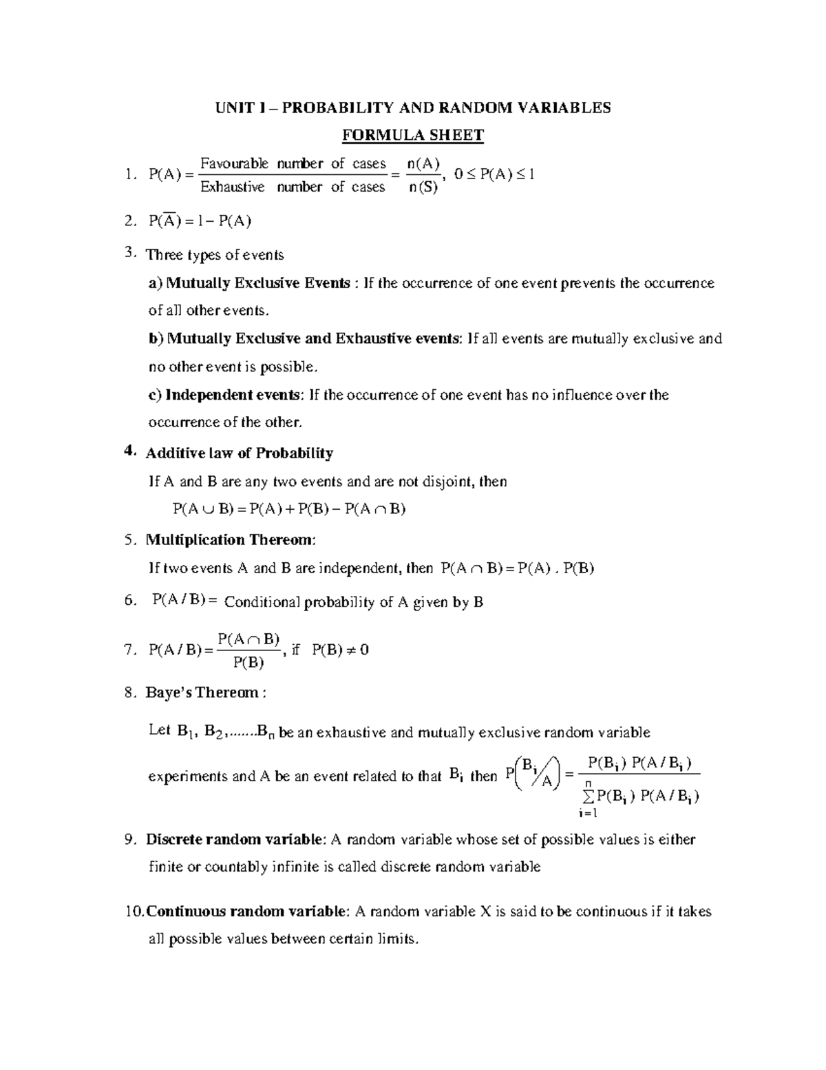 Formul A - UNIT I – PROBABILITY AND RANDOM VARIABLES FORMULA SHEET 1 ...