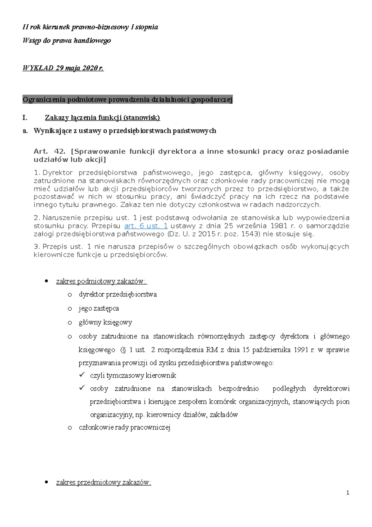 Wykład Wstęp do prawa handlowego 29 maja 2020 r - II rok kierunek ...