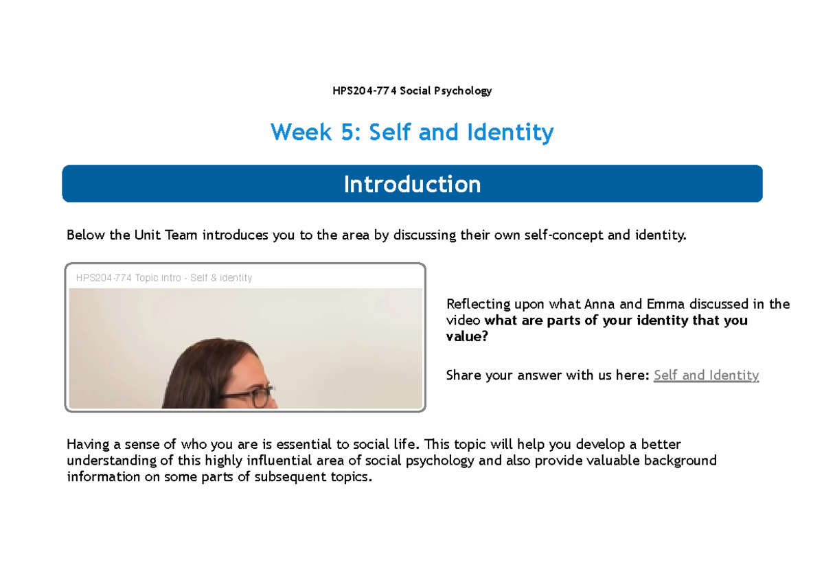 Self and Identity study guide - HPS204-774 Social Psychology Week 5 ...