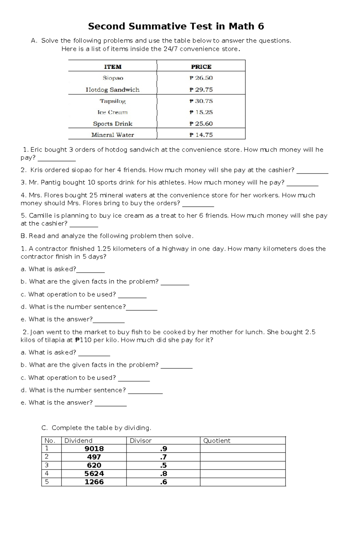 Second Summative Test in Math 6 Quarter 1 - Modified - Second Summative ...