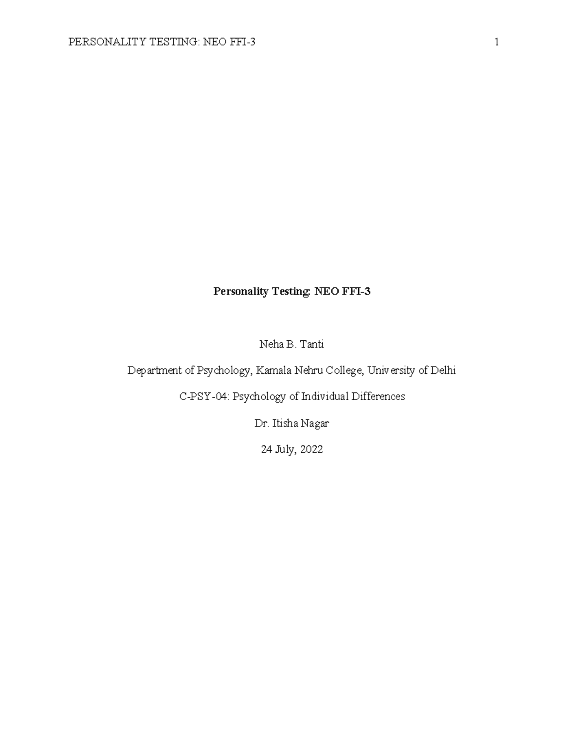 Test of NEO-FFI3 - Personality Testing: NEO FFI- Neha B. Tanti ...