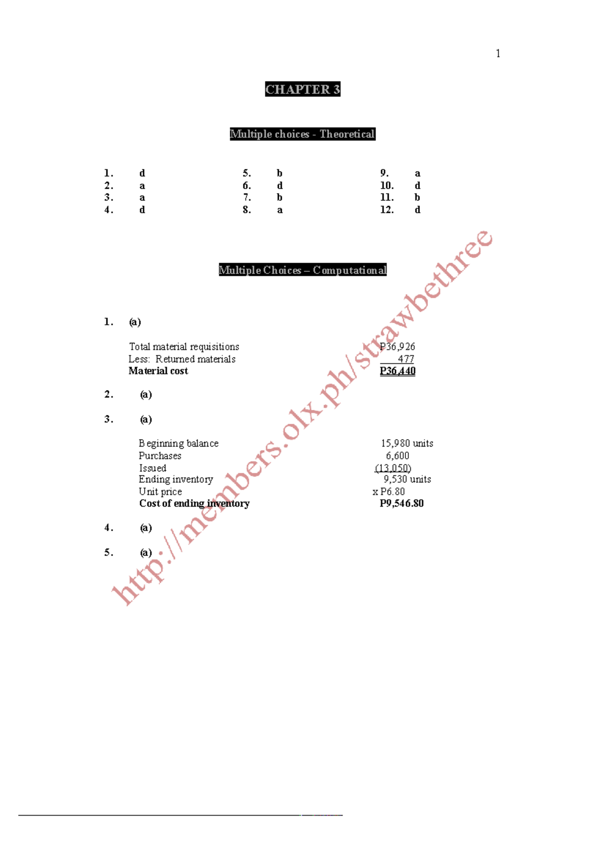 Chapter 3_Cost Acc - CHAPTER 3 Multiple choices - Theoretical 1. d 5. b 9. a 2. a 6. d 10. d 3 ...