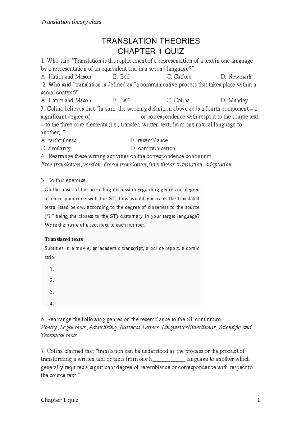 Translation theory- chapter 1 quiz - TRANSLATION THEORIES CHAPTER 1 ...