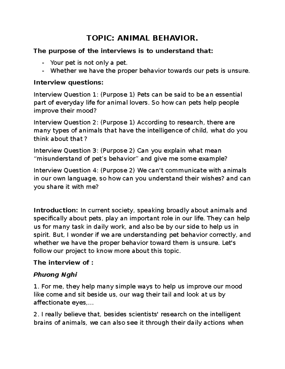 Script av4 - TOPIC: ANIMAL BEHAVIOR. The purpose of the interviews is ...