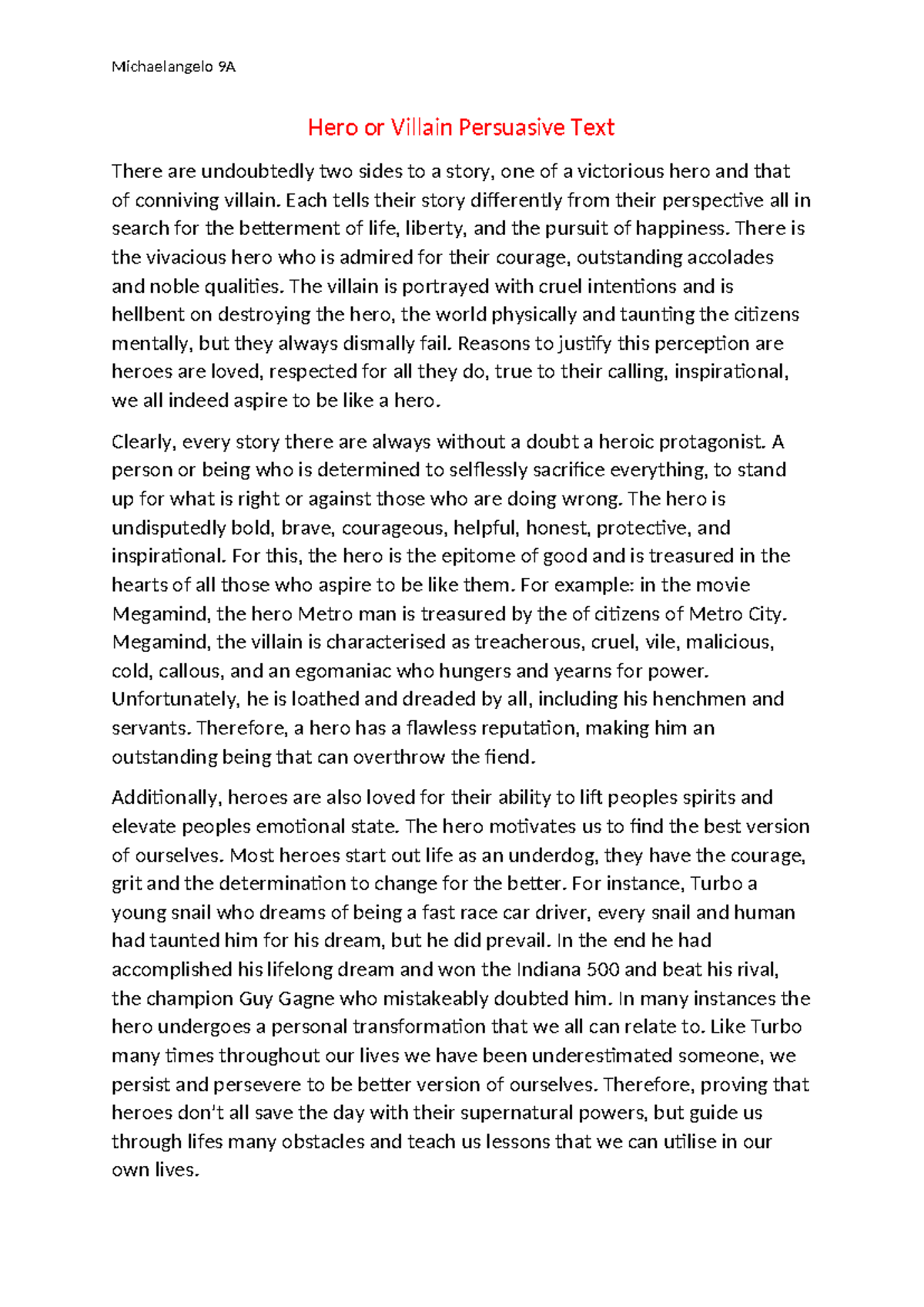 Hero or Villain Persuasive Text - Michaelangelo 9A Hero or Villain ...