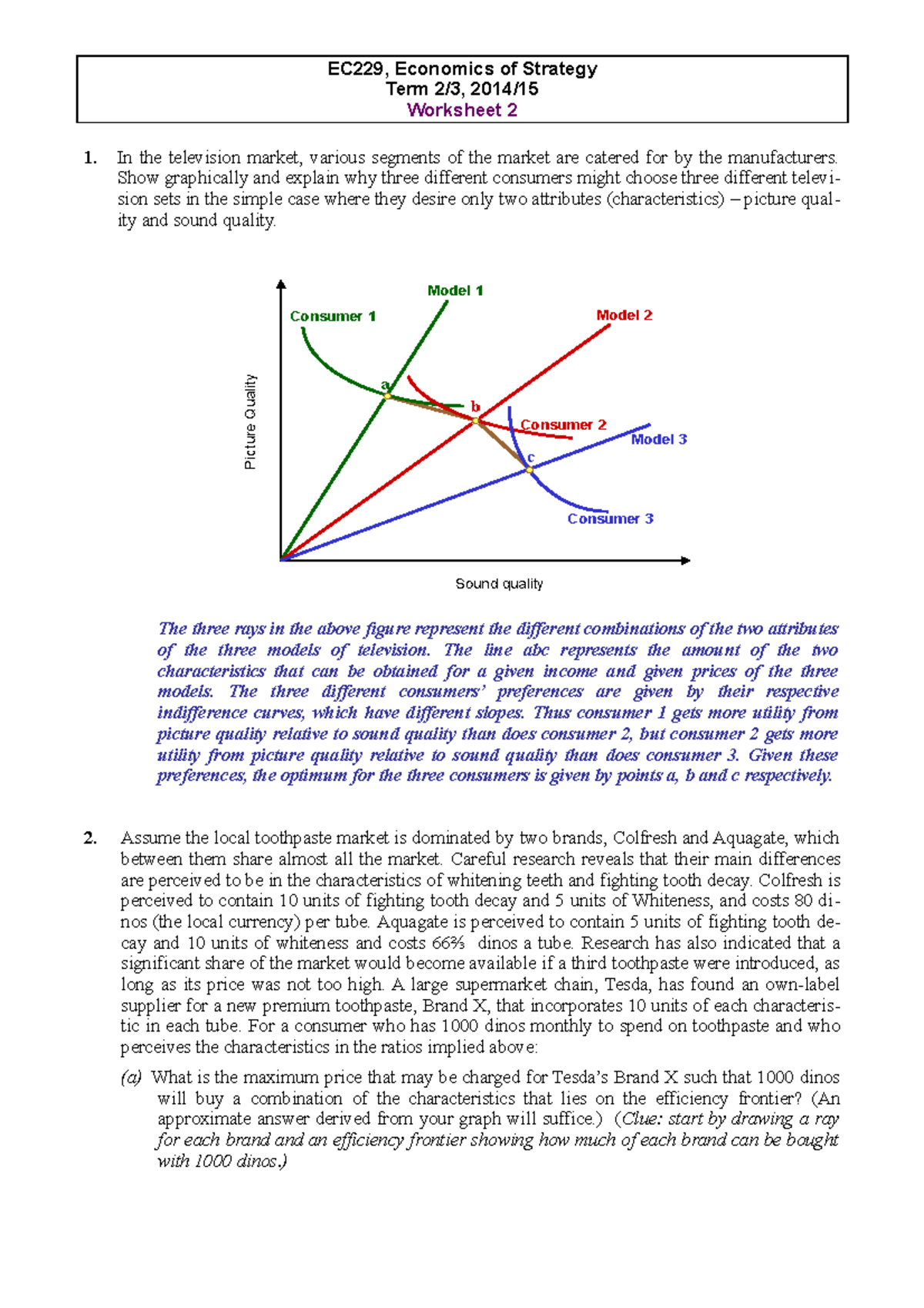 Worksheet 2 with guidline solutions - EC229, Economics of Strategy Term ...