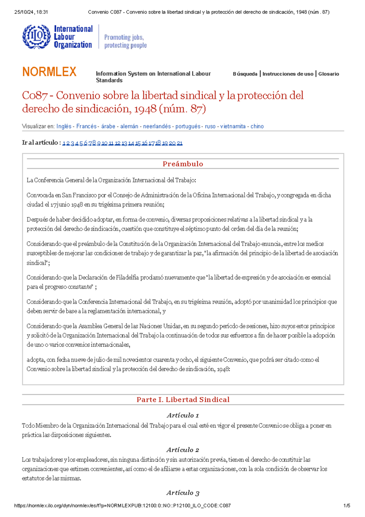 Convenio C087 - Convenio sobre la libertad sindical y la protección del derecho de sindicación ...