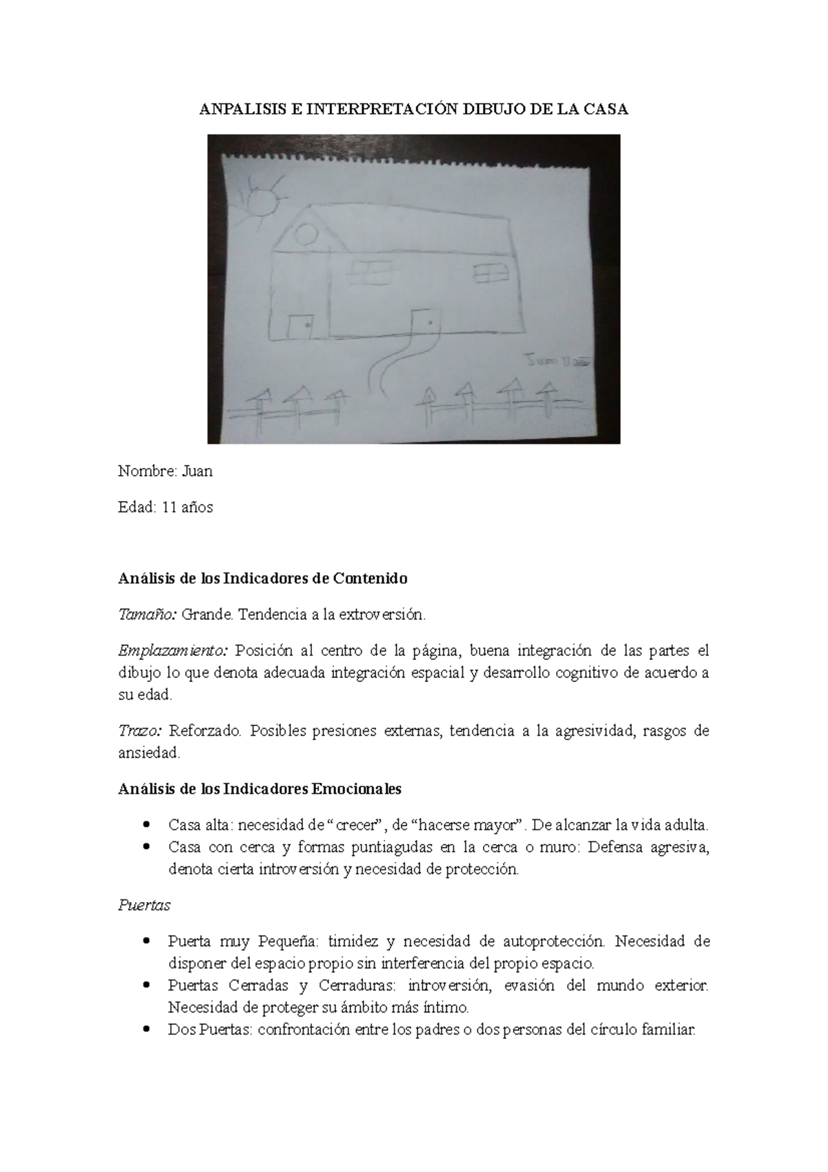 Casa - Test Proyectivo - ANPALISIS E INTERPRETACIÓN DIBUJO DE LA CASA ...