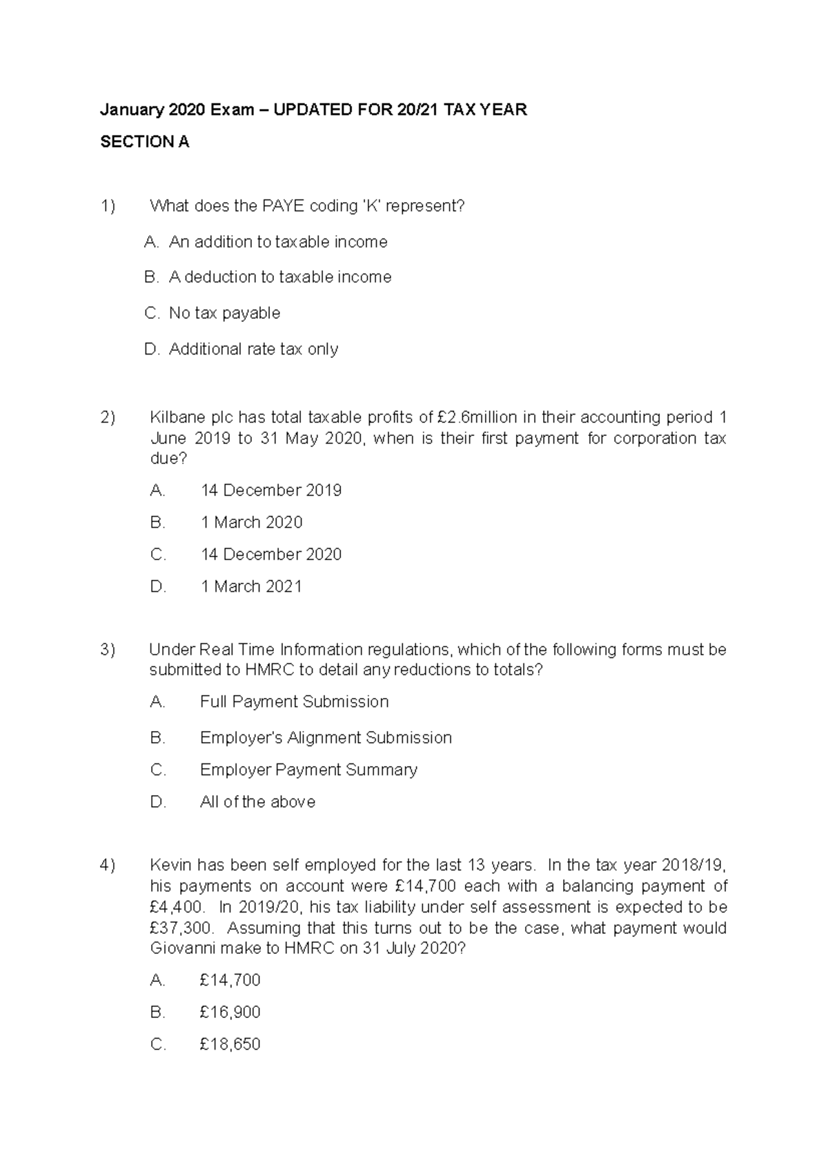 Past Exam Paper 1 - 2019-2020 Updated for 20 21 - January 2020 Exam ...