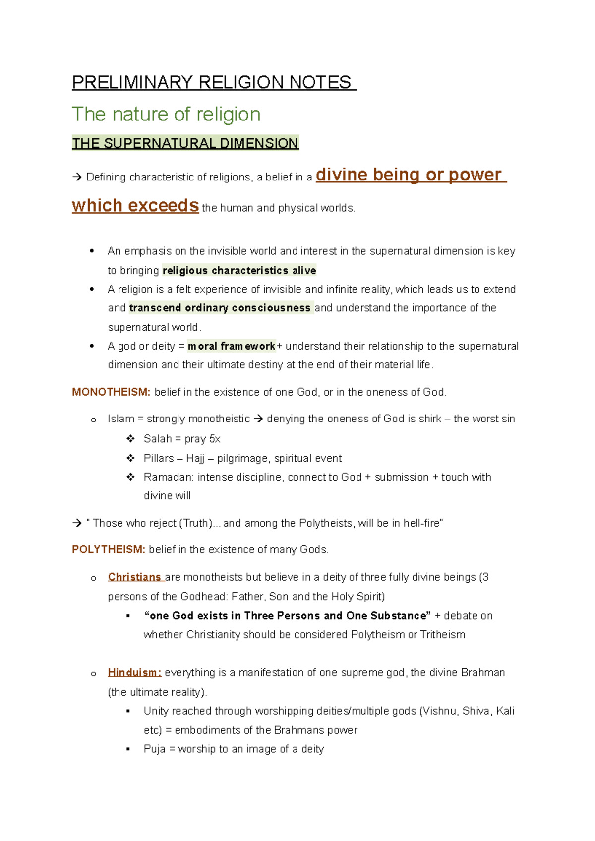 Preliminary Religion Notes - PRELIMINARY RELIGION NOTES The nature of ...