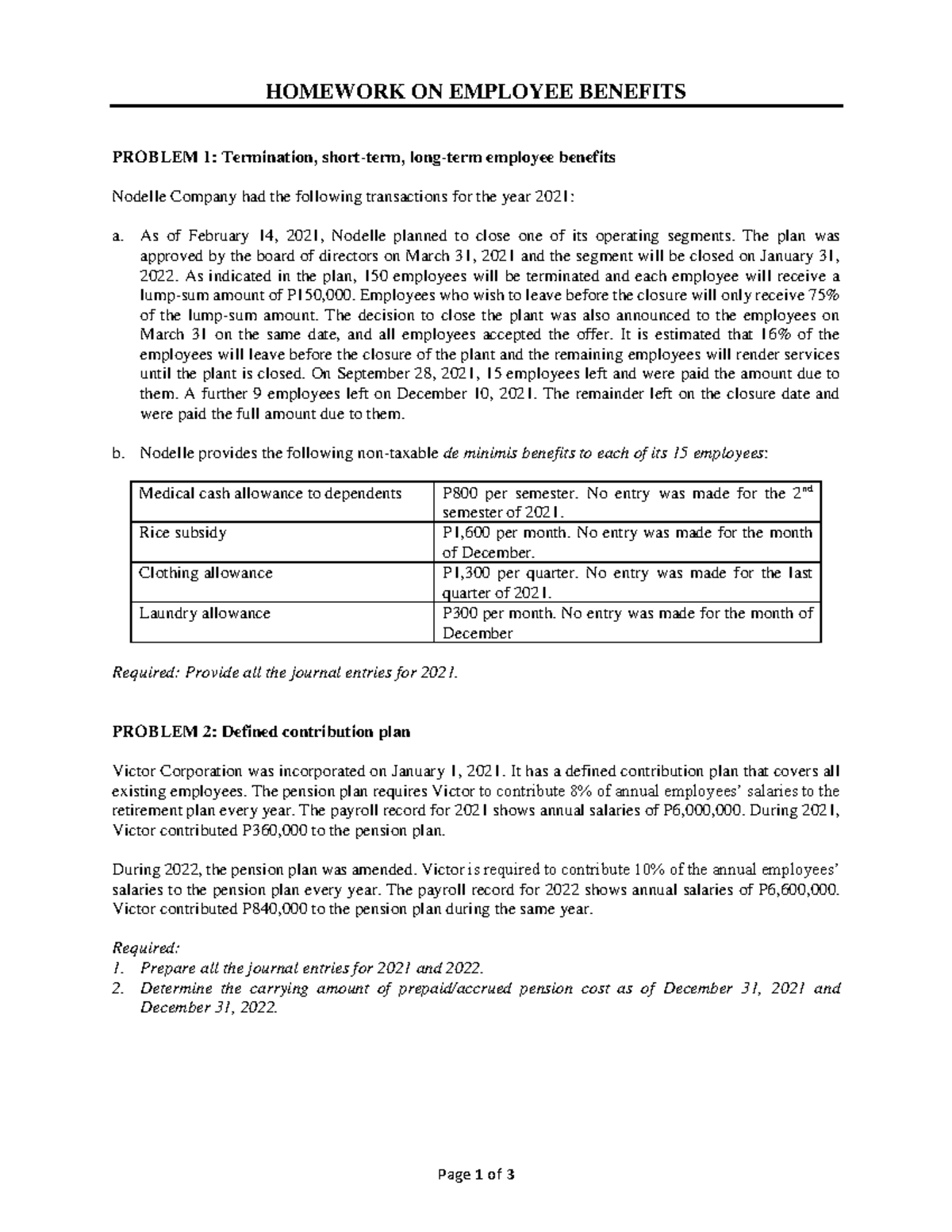 HW on Employee Benefits T2 - Page 1 of 3 HOMEWORK ON EMPLOYEE BENEFITS ...