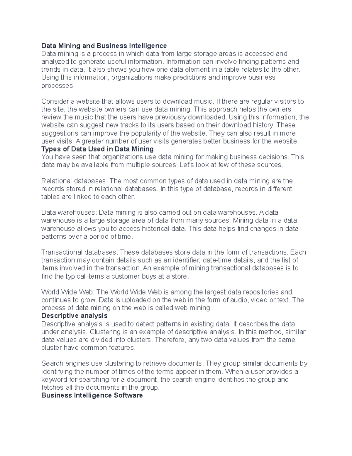 DMBusiness Intelligence To Study - Data Mining and Business Intelligence Data mining is a ...