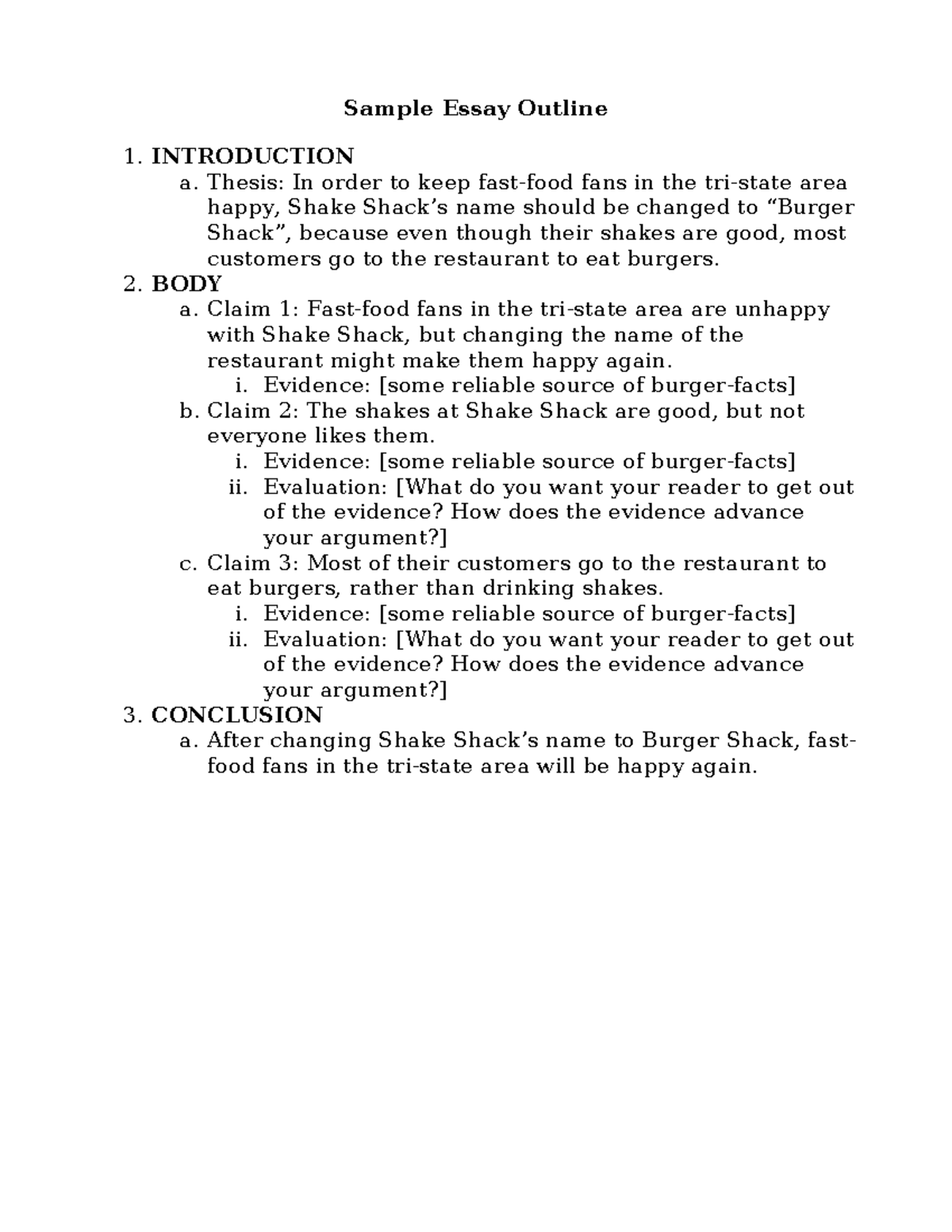 Sample Essay Outline - Summary English Composition I - Sample Essay ...