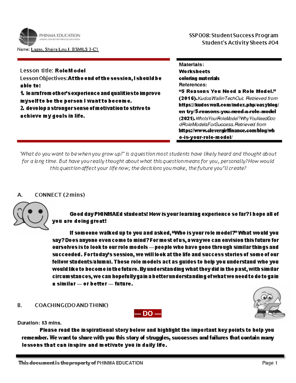 SSP008 Module 4 Role Model Session 1 SAS SWU - Student’s Activity ...
