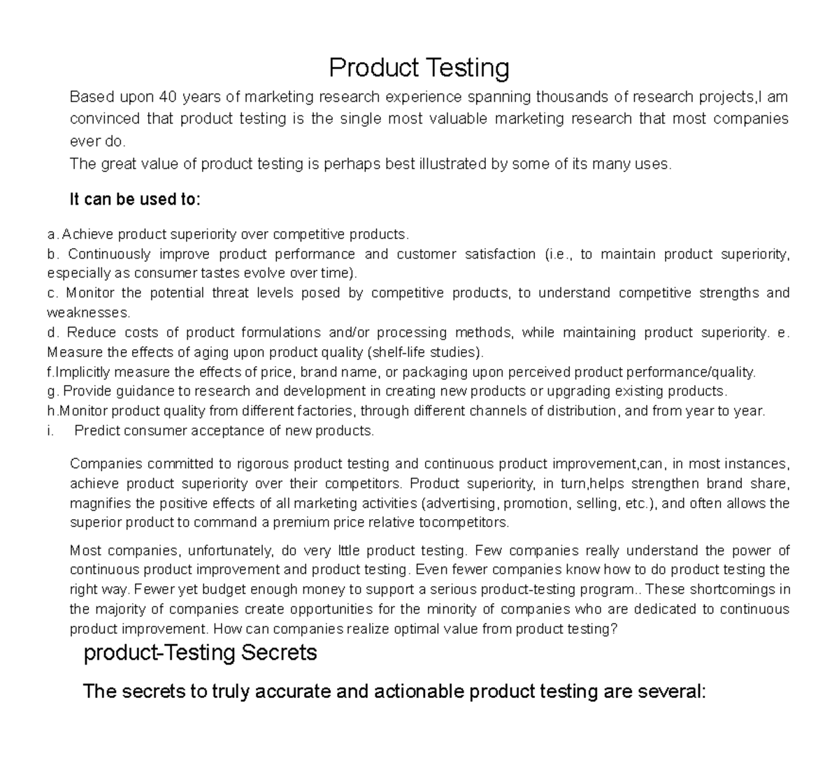 Product Testing - Product Testing Based upon 40 years of marketing ...