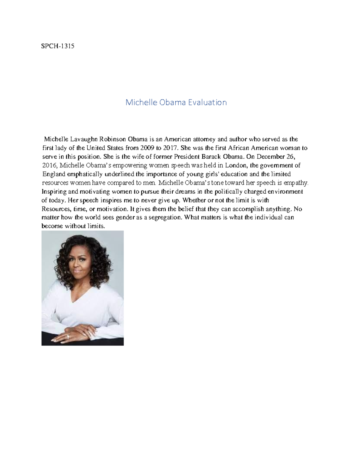 Michelle Obama Evaluation - SPCH- Michelle Obama Evaluation Michelle ...