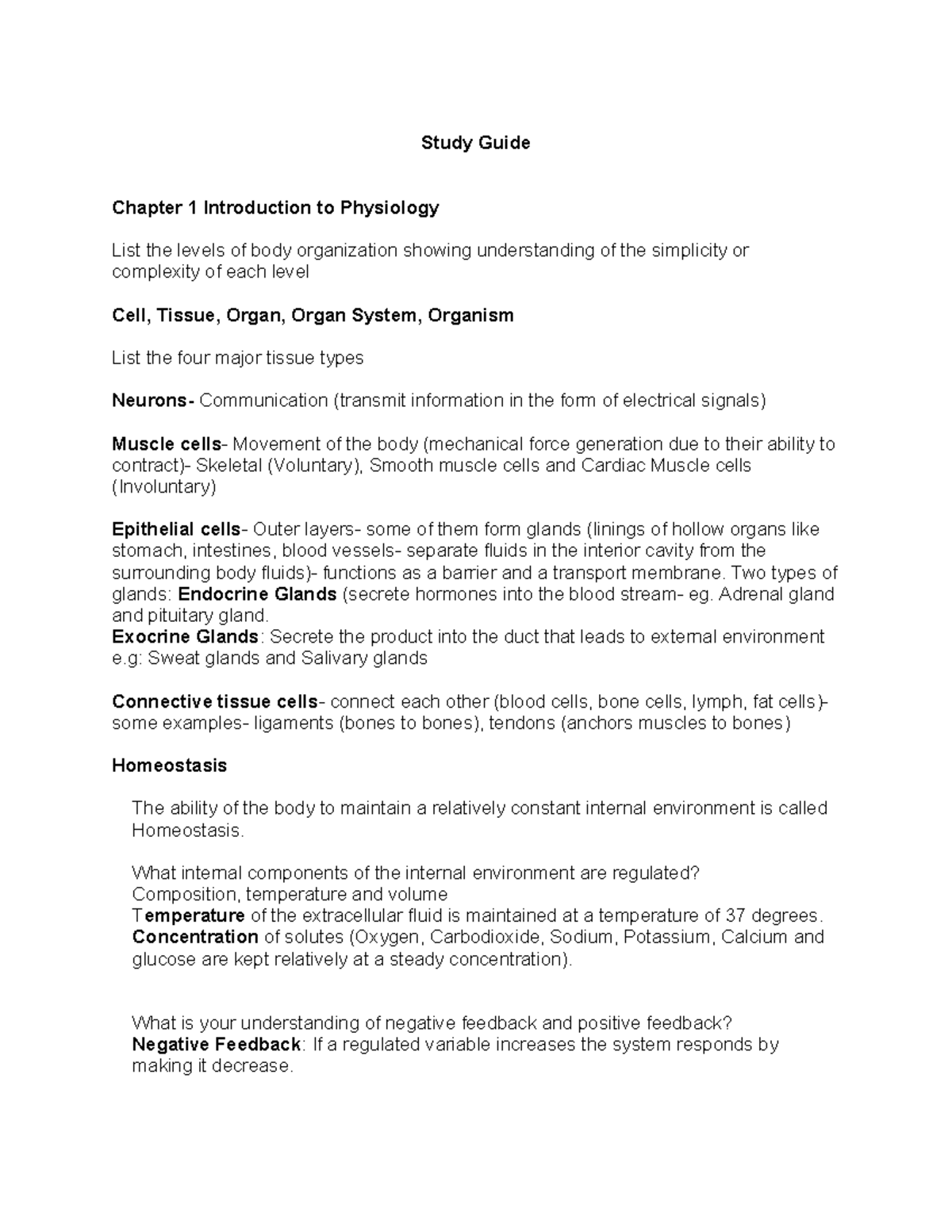 Study guide exam 1 - Study Guide Chapter 1 Introduction to Physiology ...