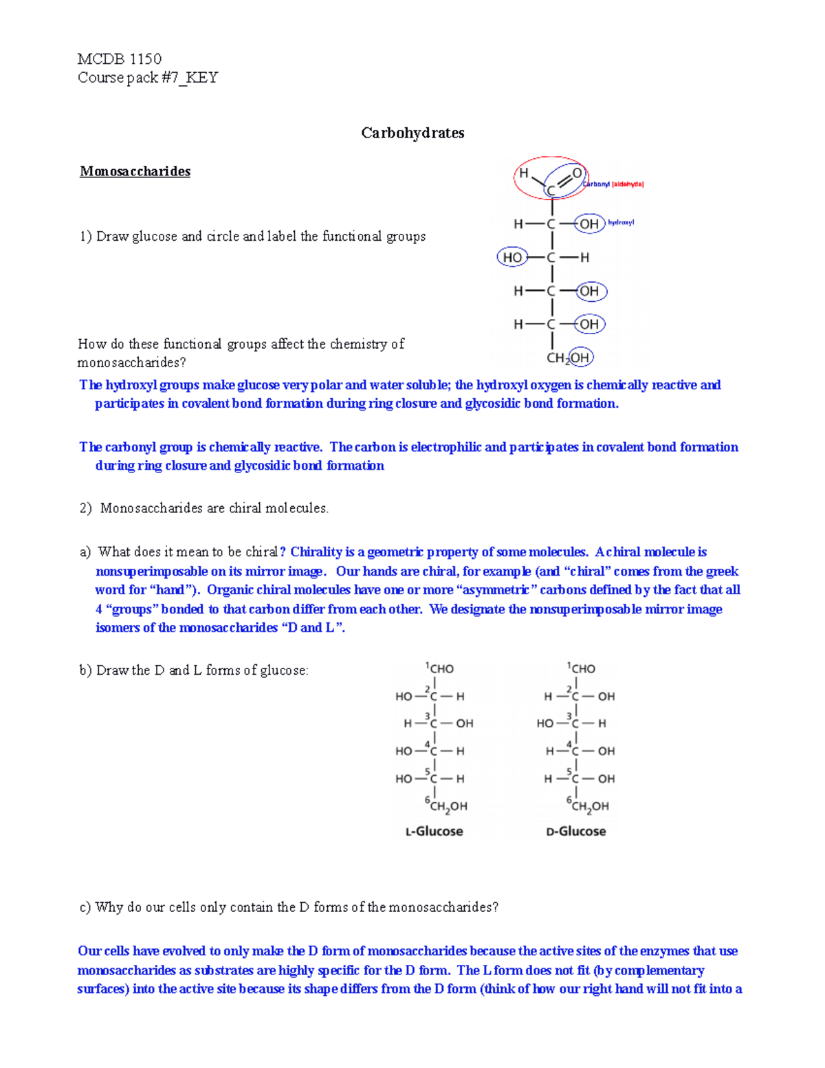 Course pack 7 Carbohydrates KEY - Course pack #7_KEY Carbohydrates ...