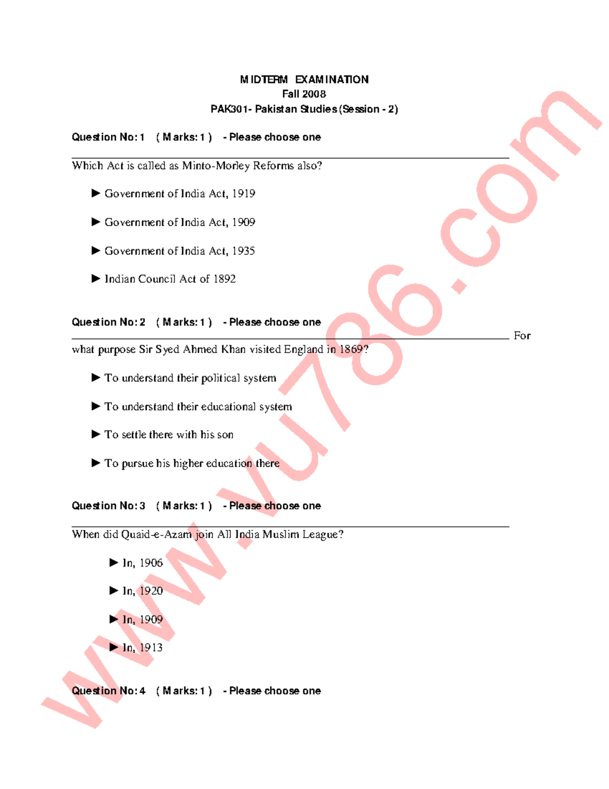 Pak301 final term 1 www - Mcqs - M IDTERM EXAM INATION Fall 2008 PAK301 ...