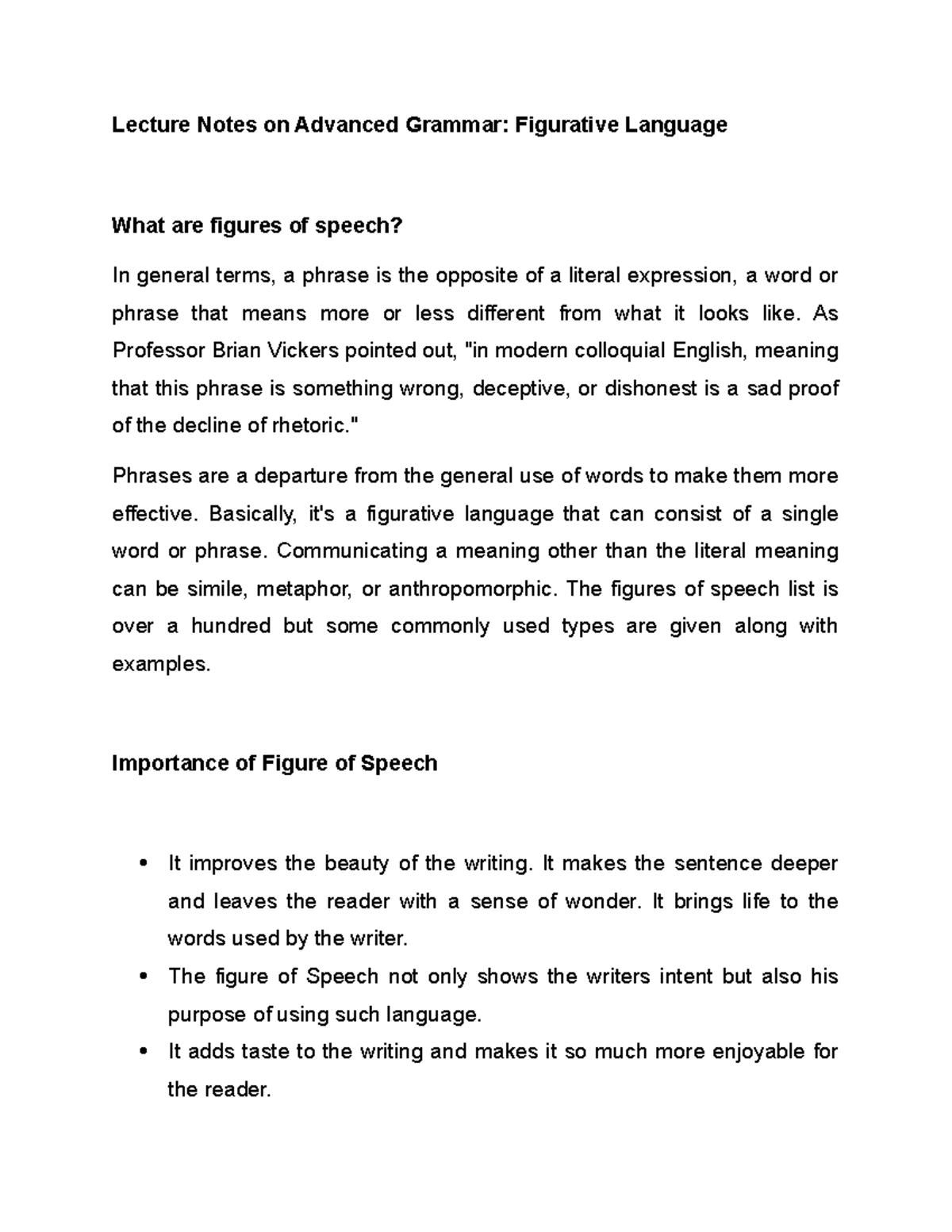Lecture Notes on Advanced Grammar - Figures of Speech - Lecture Notes ...
