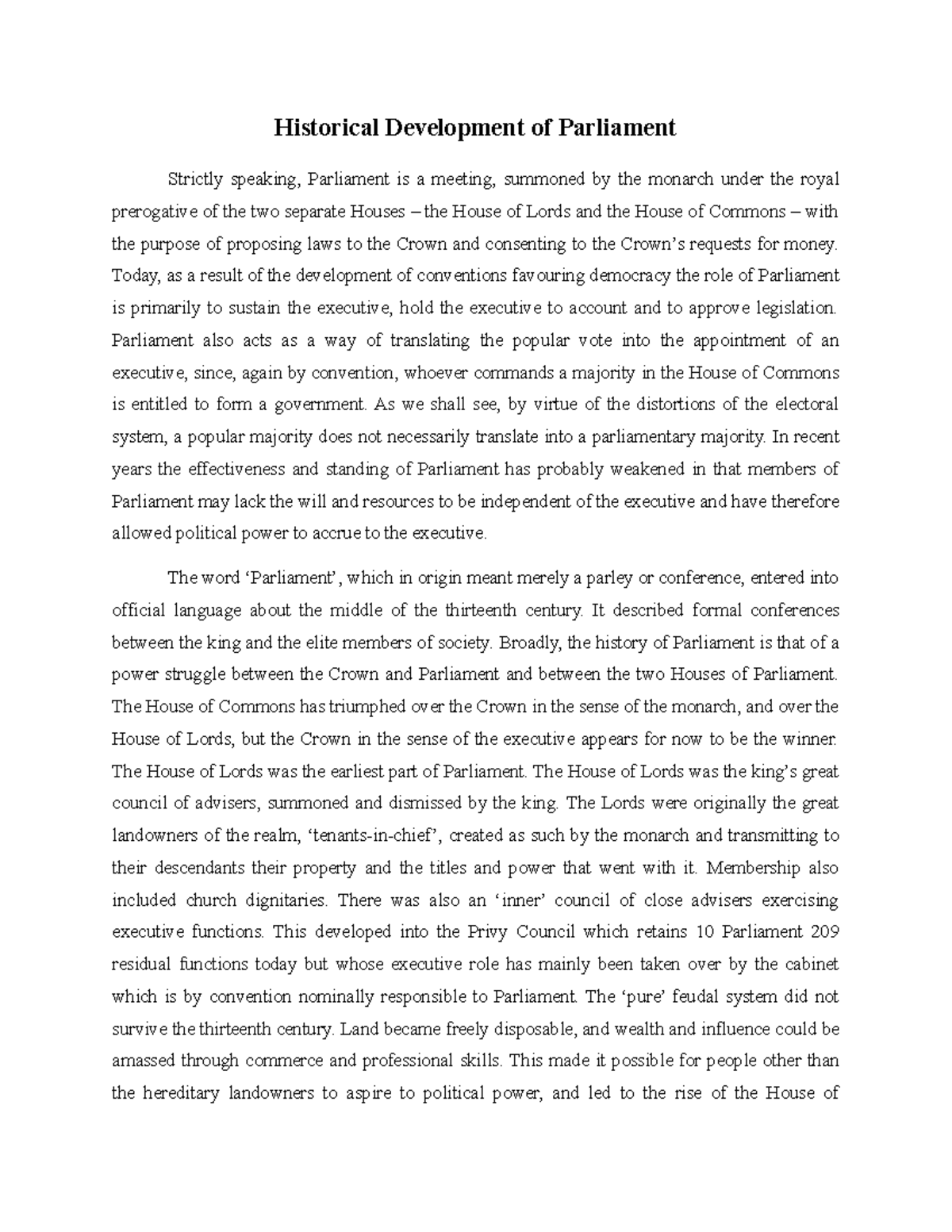 Historical Development of Parliament - Historical Development of ...