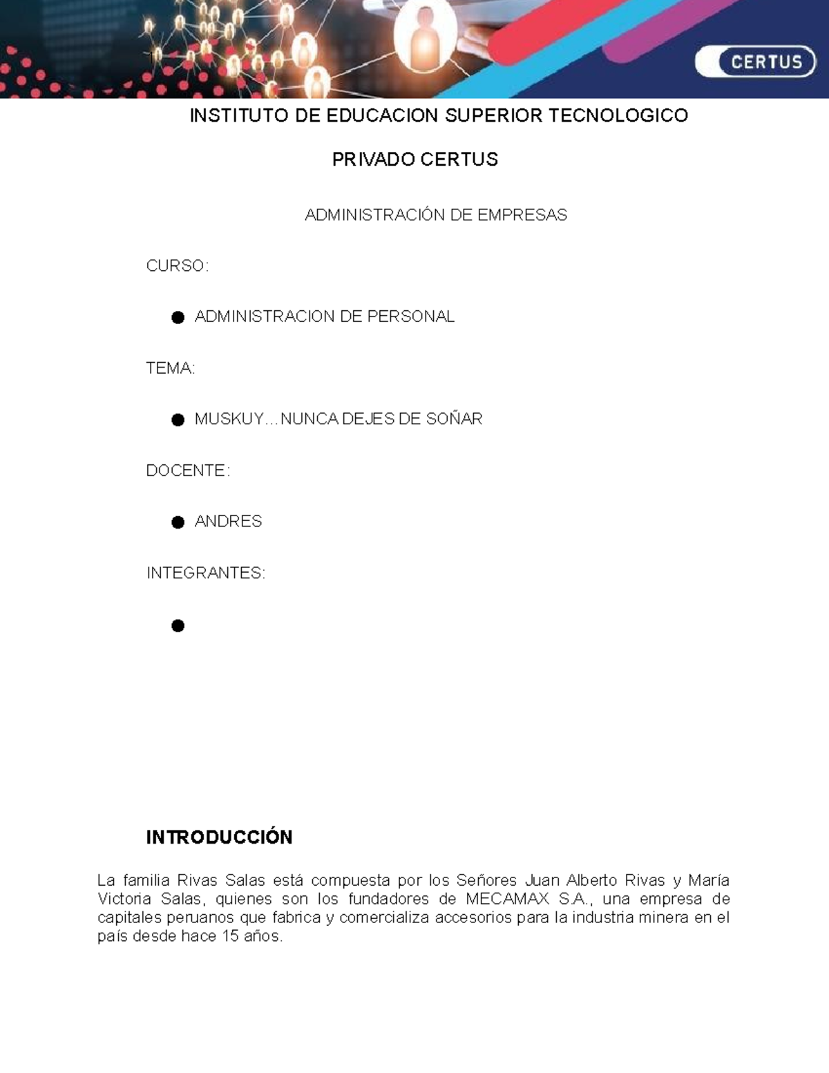 Instituto DE Educacion Superior Tecnologico Privado Certus - INSTITUTO ...
