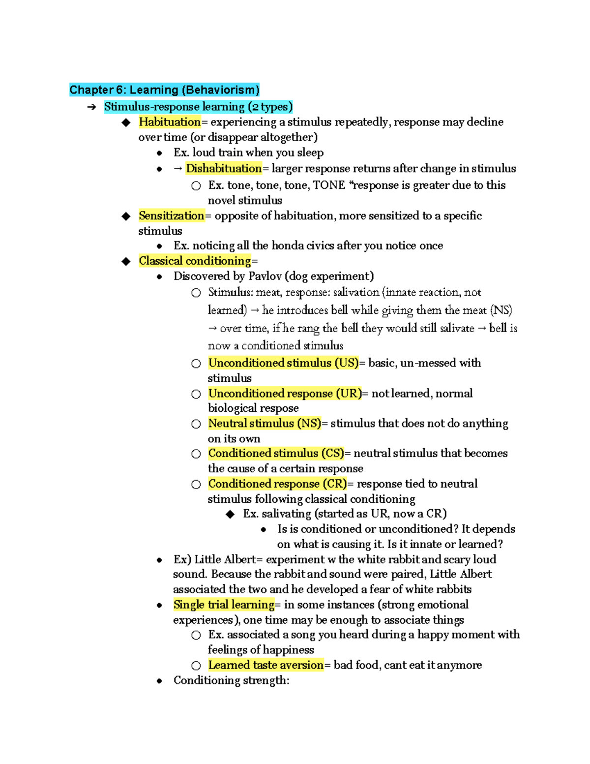 PSYC Chapter 6 - Gherman - Chapter 6: Learning (Behaviorism) Stimulus-response learning (2 types ...