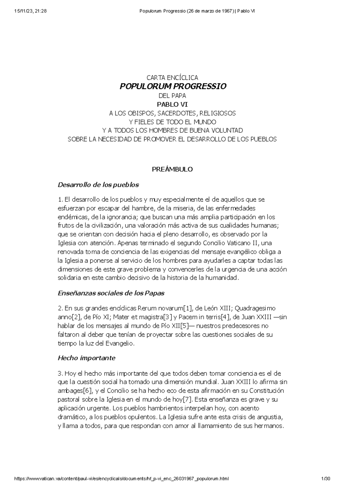 Populorum Progressio (26 de marzo de 1967) Pablo VI - CARTA ENCÍCLICA ...