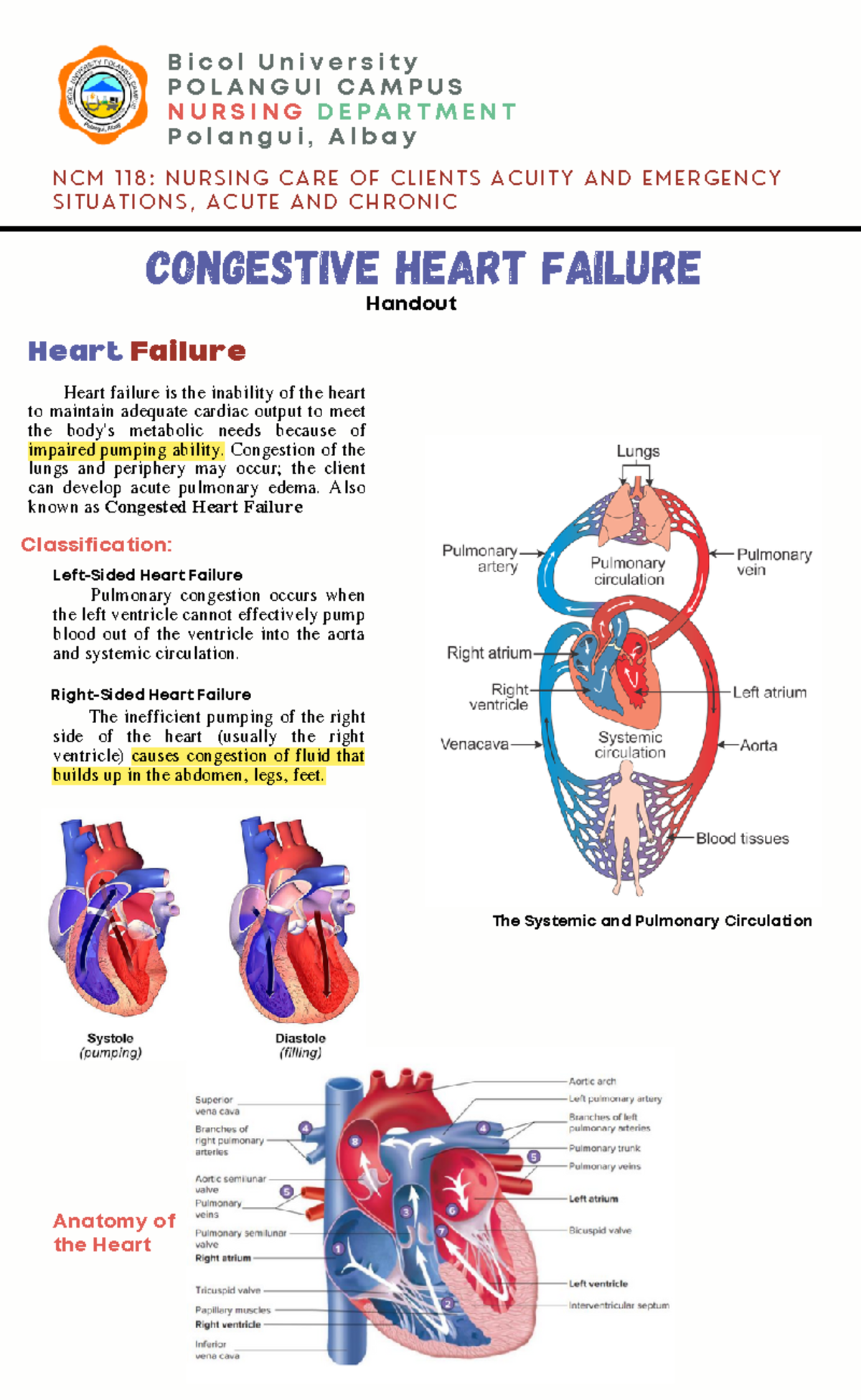 Congestive heart failure handouts - B i c o l U n i v e r s i t y P O L ...