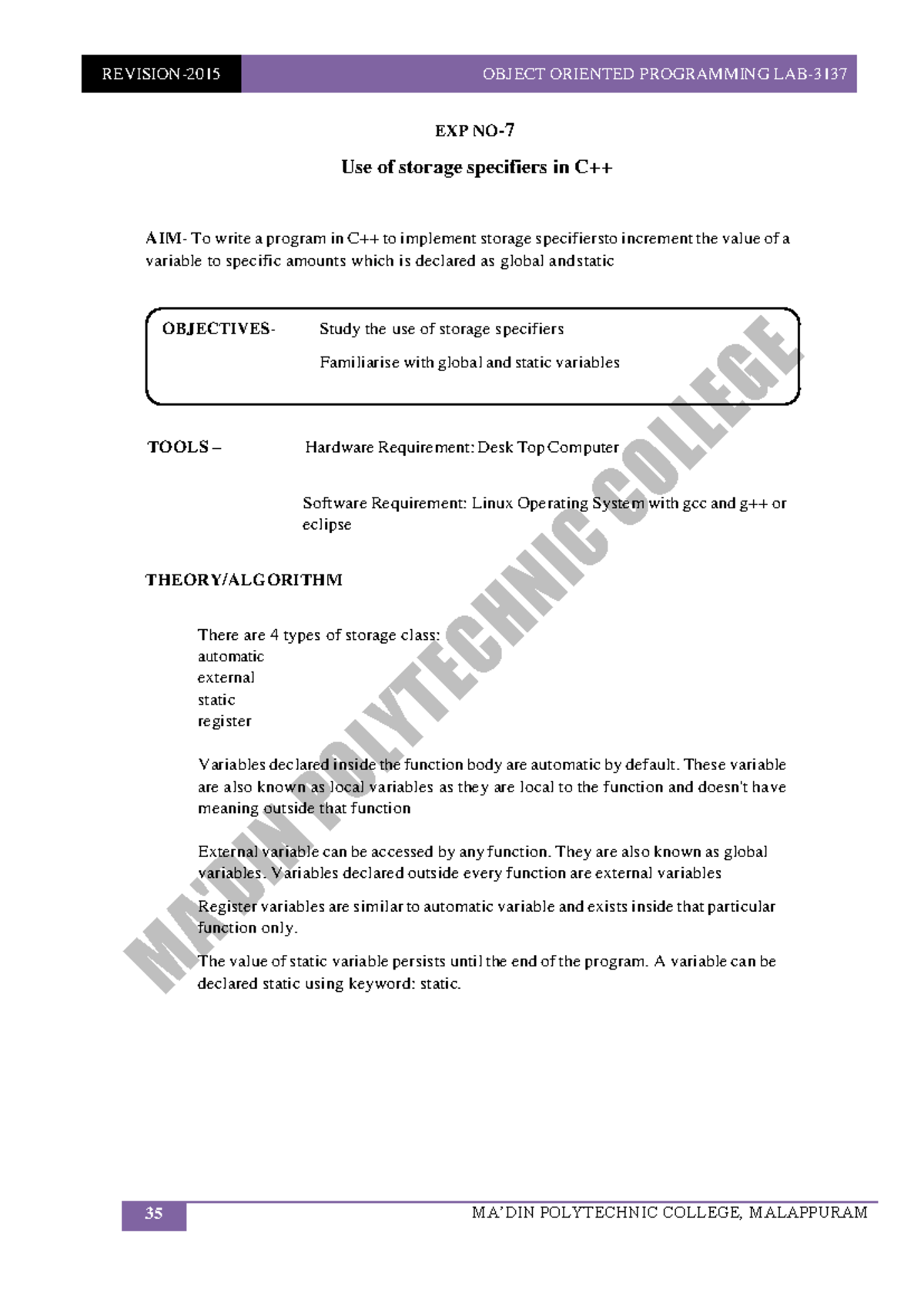 constructor in c++ - REVISION-2015 OBJECT ORIENTED PROGRAMMING LAB- 35 MA‟DIN POLYTECHNIC ...