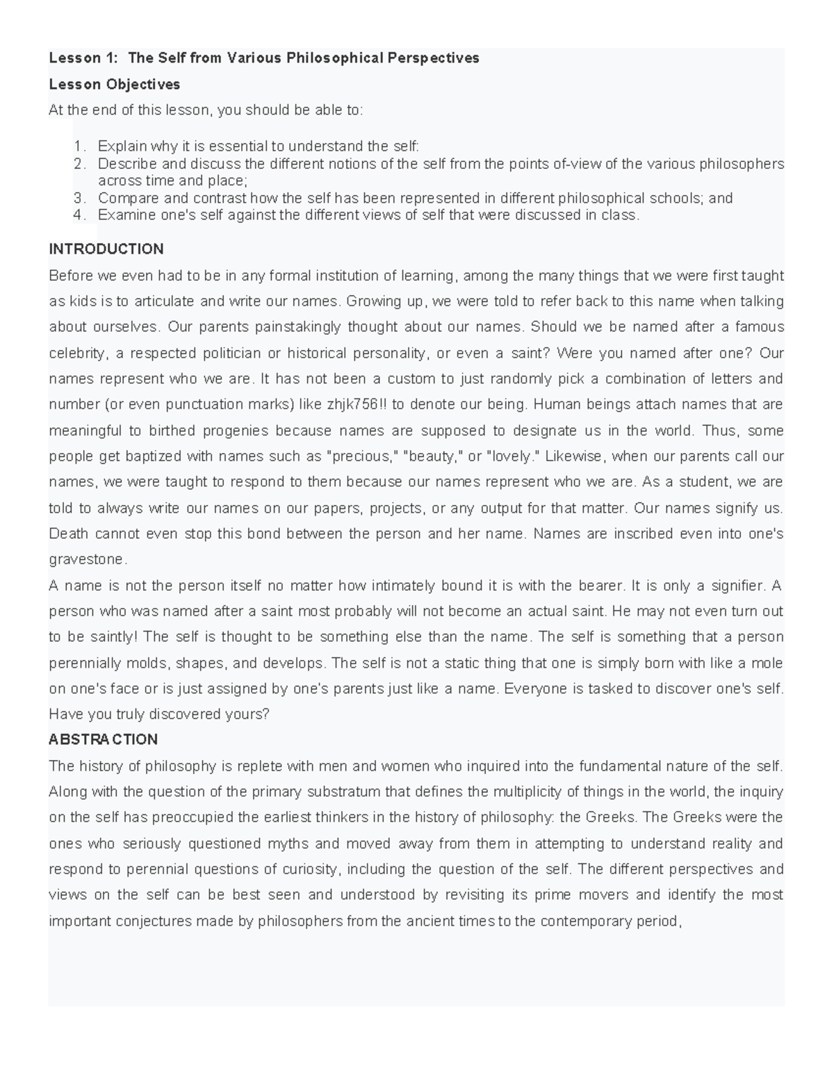 Lesson-1 - USELF - Lesson 1: The Self from Various Philosophical ...