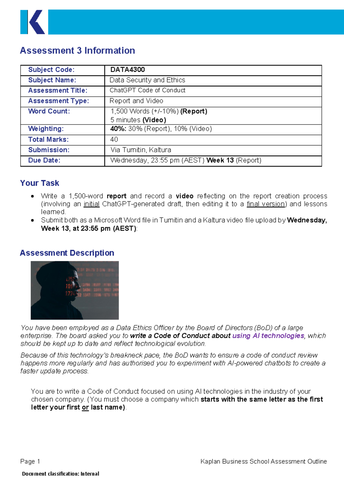 DATA4300 Assessment 03 T1 V2 2024 - Page 1 Kaplan Business School ...