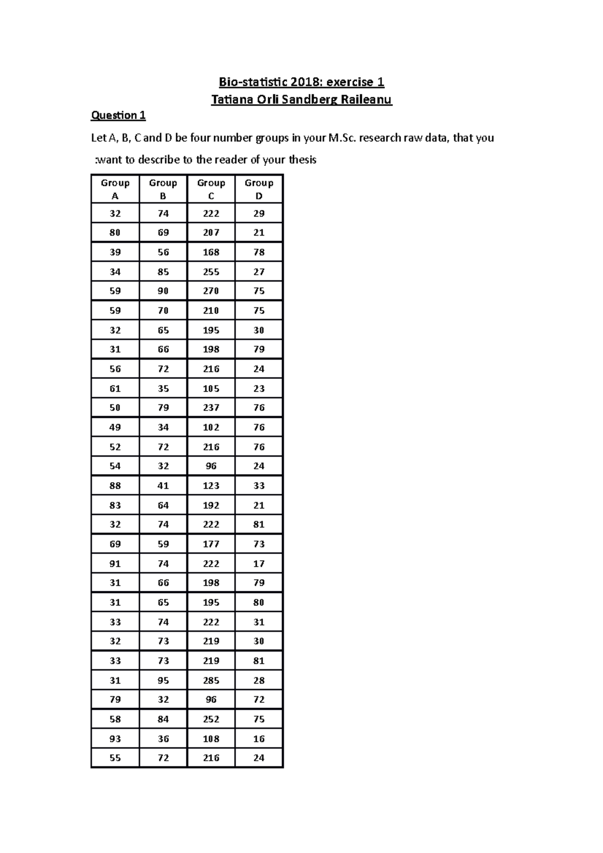 Bio-statistics exercise 1 - Bio-statistic 2018: exercise 1 Tatiana Orli ...