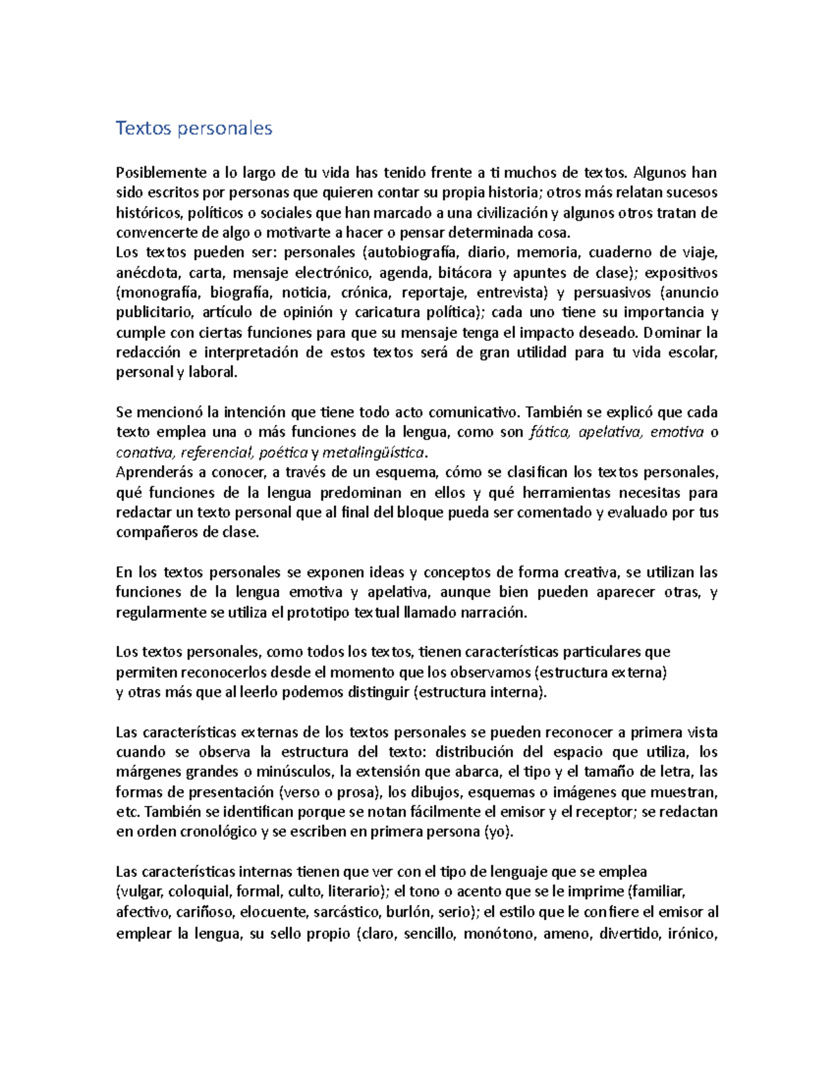 5 Textos personales - resumen de la materia - Textos personales ...