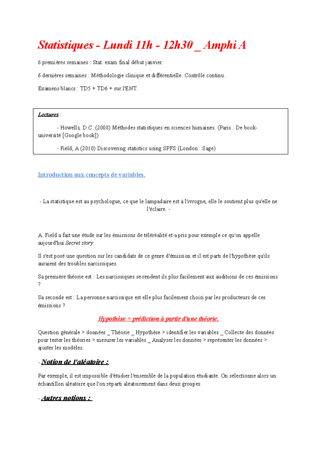 Statistiques - cours - Statistiques - Lundi 11h - 12h30 _ Amphi A 6 ...