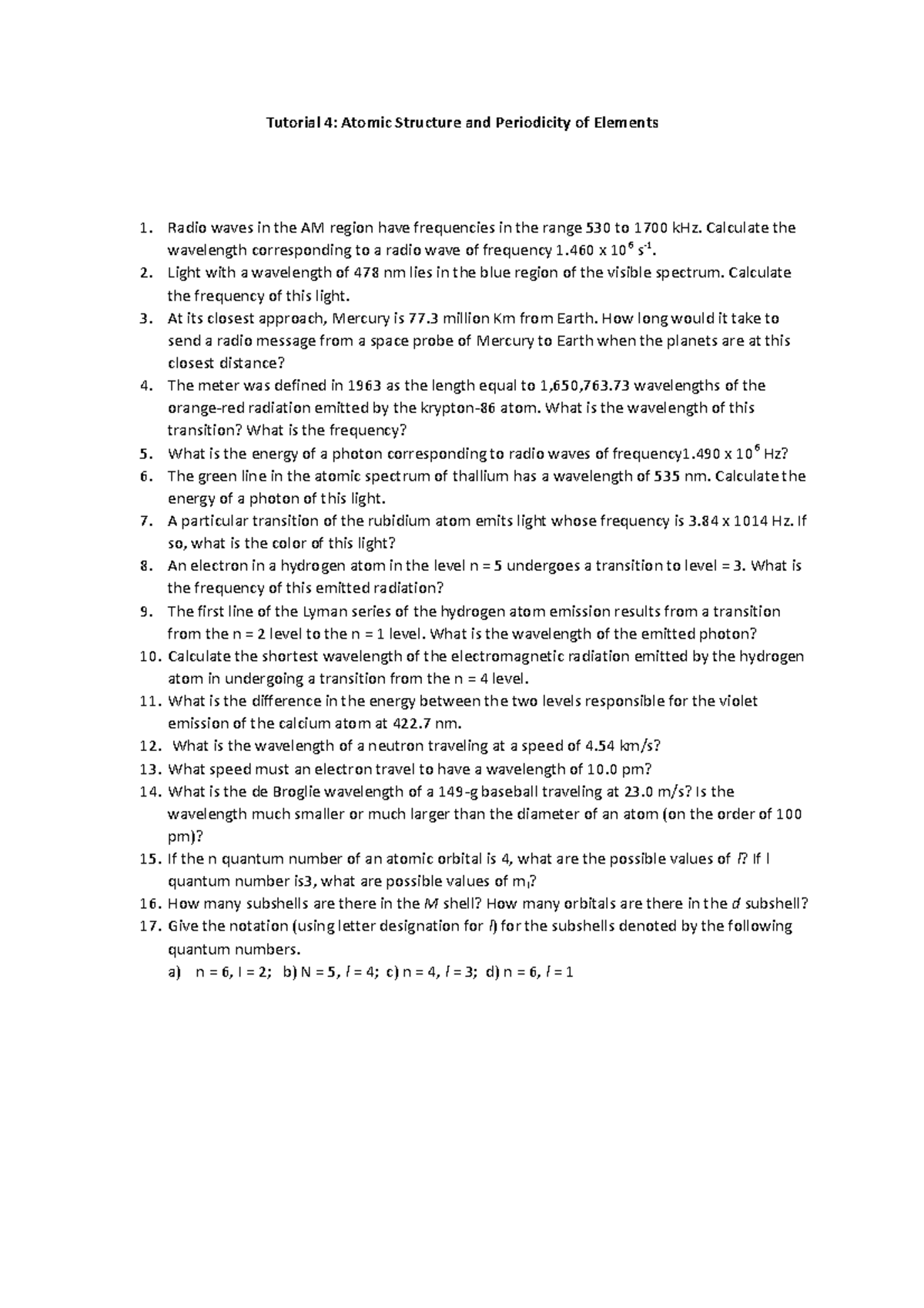 CHEM 101 Tutorial L4 - Atomic Structure and Periodicity of Elements ...