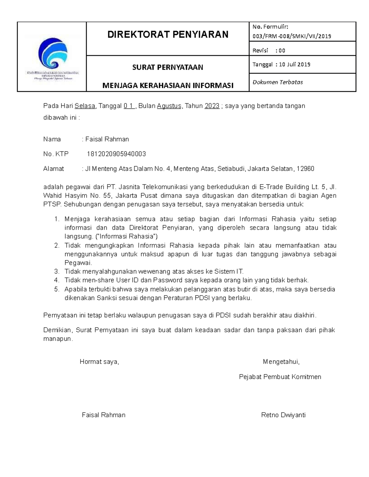 Template NDA - dokumen NDA untuk dengan pihak tiga - DIREKTORAT ...