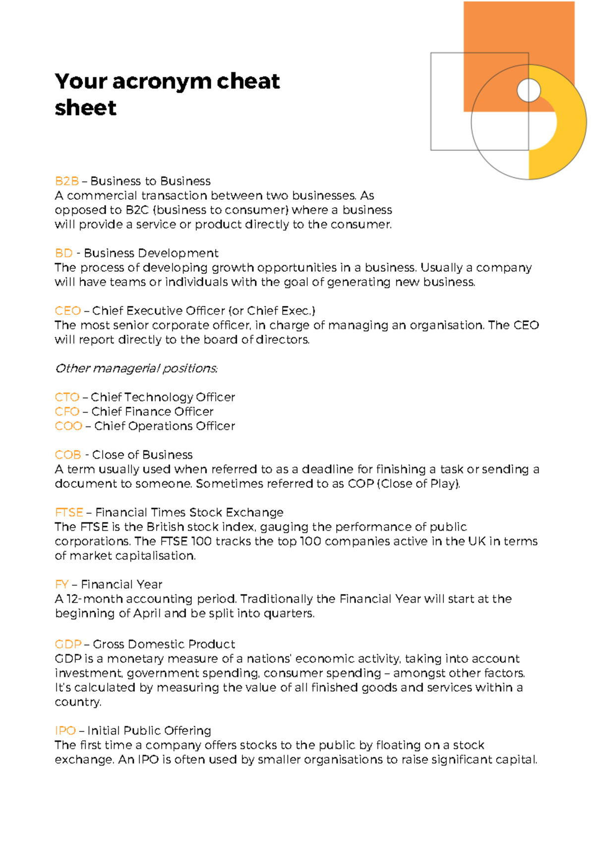 Acronym cheat sheet - academy - B2B – Business to Business A commercial ...