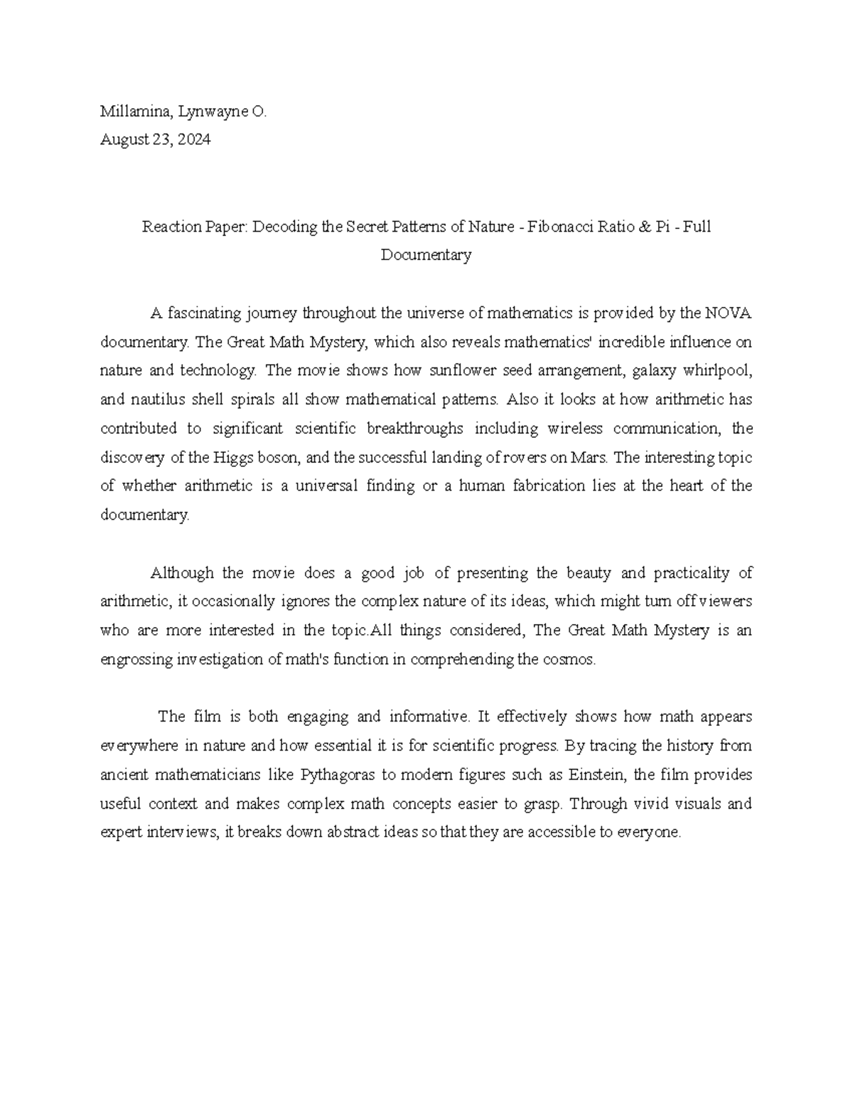 Reaction Paper Decoding The Secret Patterns Of Nature Fibonacci Ratio And Pi Full Documentary