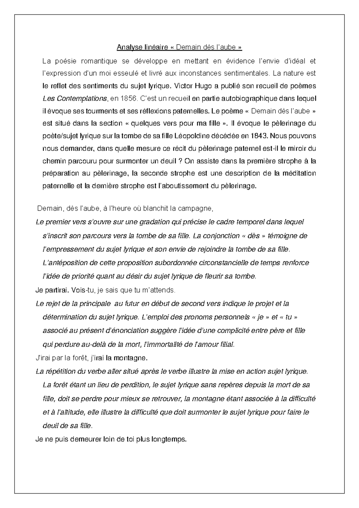 Analyse linéaire demain dès l'aube - Analyse linéaire « Demain dès l’aube » La poésie romantique ...