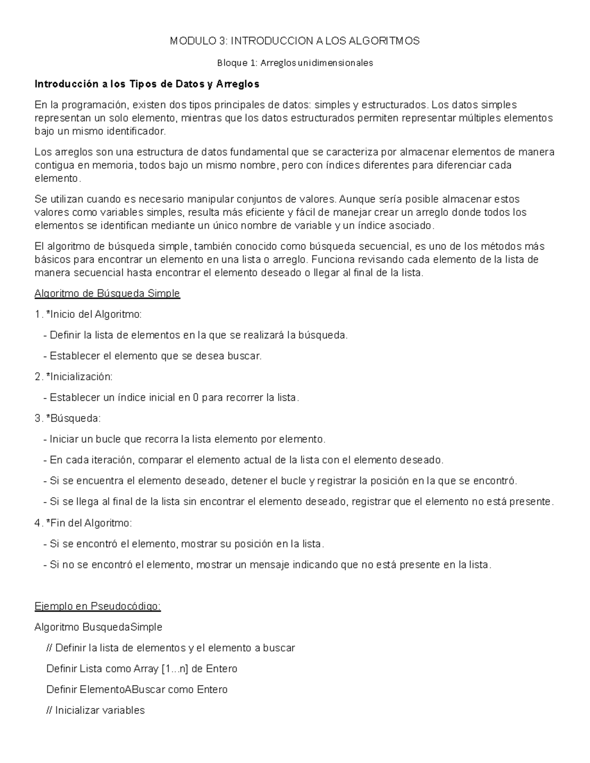 Modulo 3 y 4 - introduccion a los algoritmos - MODULO 3: INTRODUCCION A ...