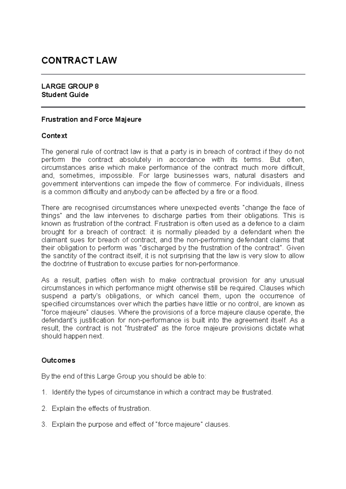 Contract Law: Frustration and Force Majeure - Studocu