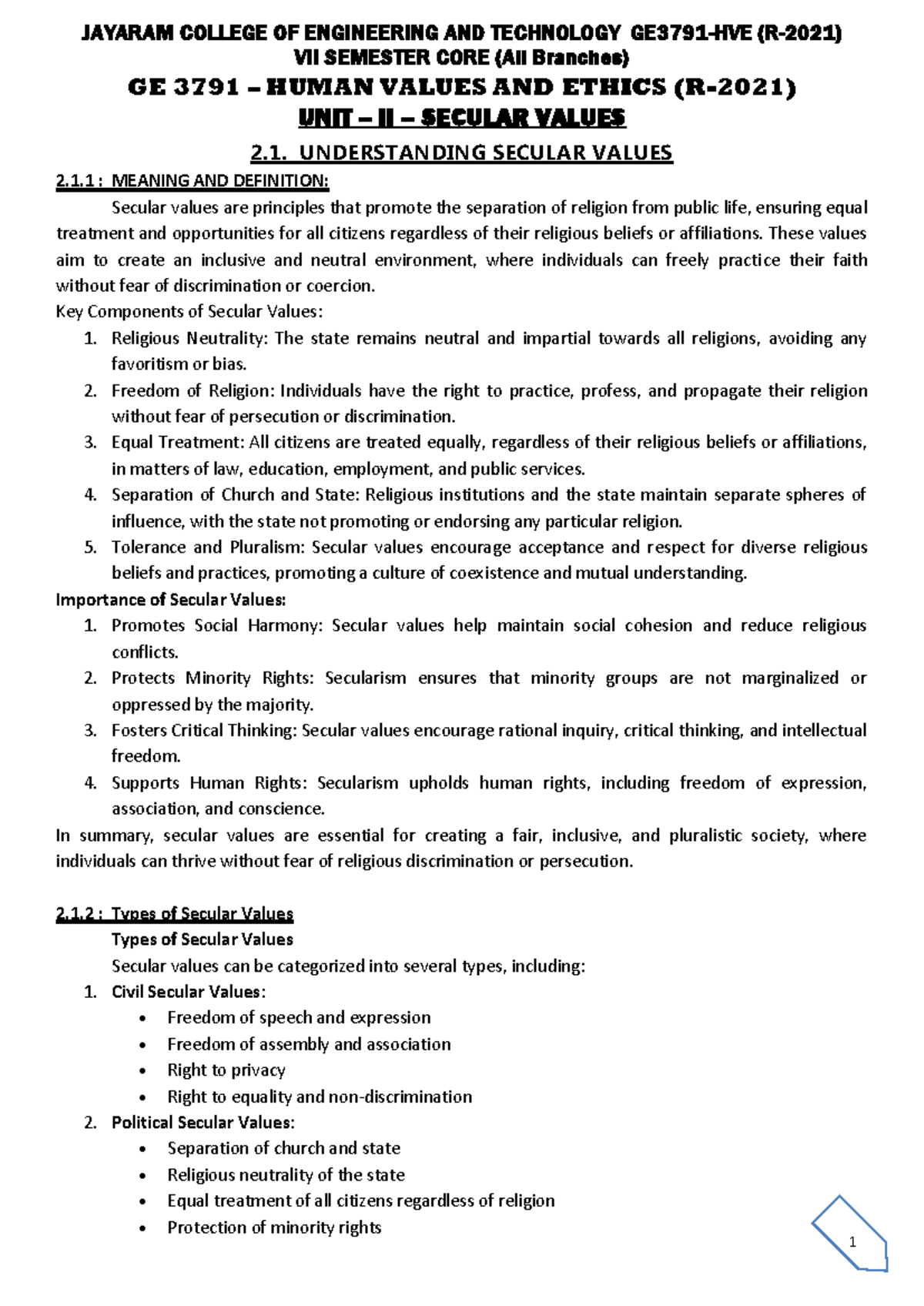 GE3791 HVE UNIT II Secular Values - VII SEMESTER CORE (All Branches) GE ...