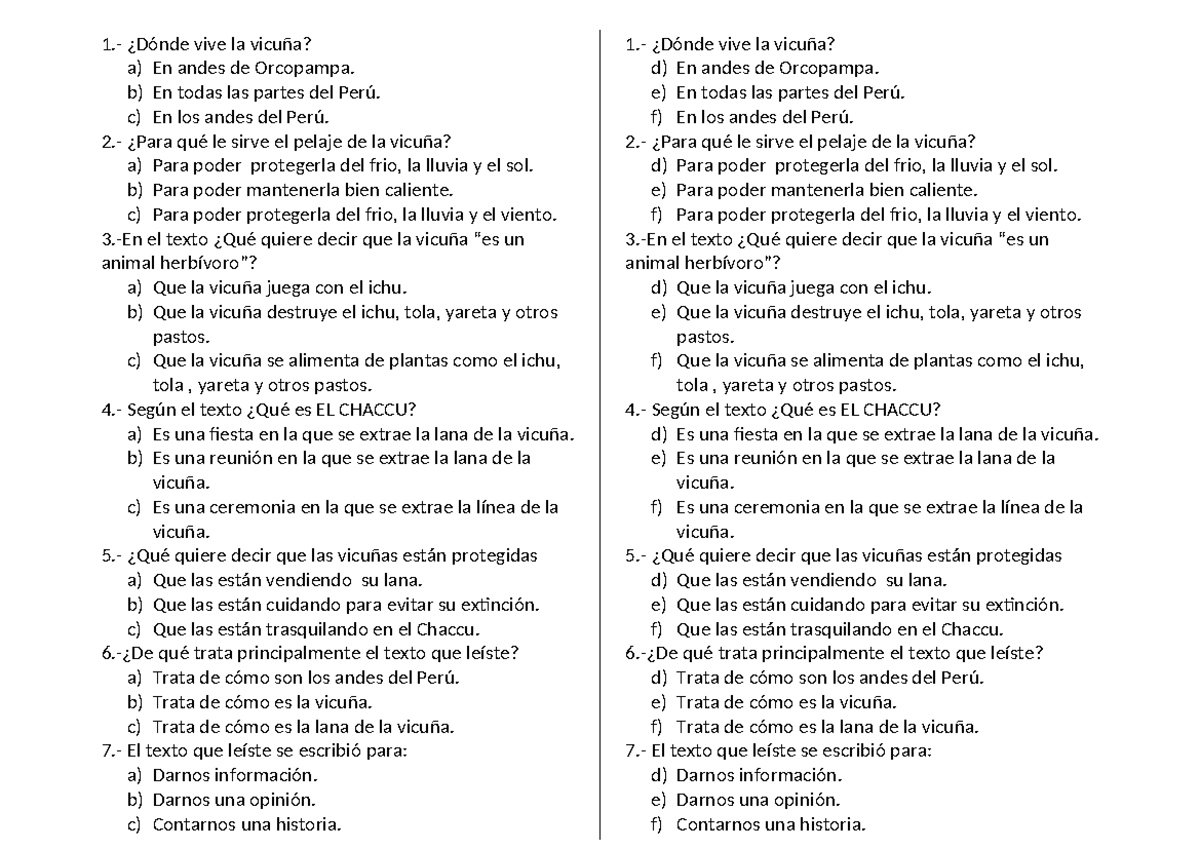 Ficha de chacu - 1.- ¿Dónde vive la vicuña? a) En andes de Orcopampa. b ...