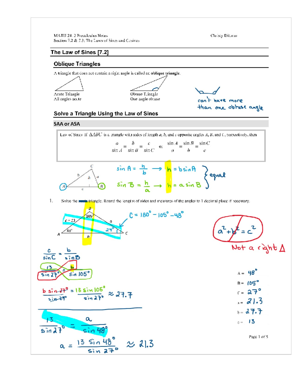 Section 7-2 7-3 Completed Notes - MATH 2412 Precalculus Notes Christy ...