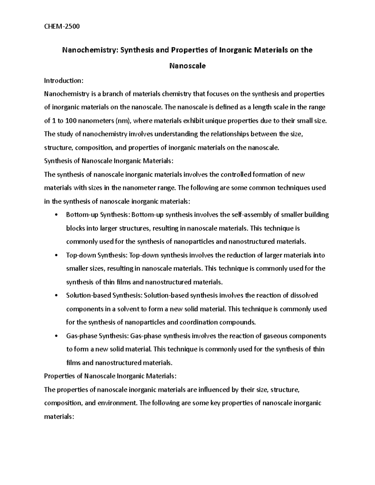 Nanochemistry: including the study of the synthesis and properties of ...
